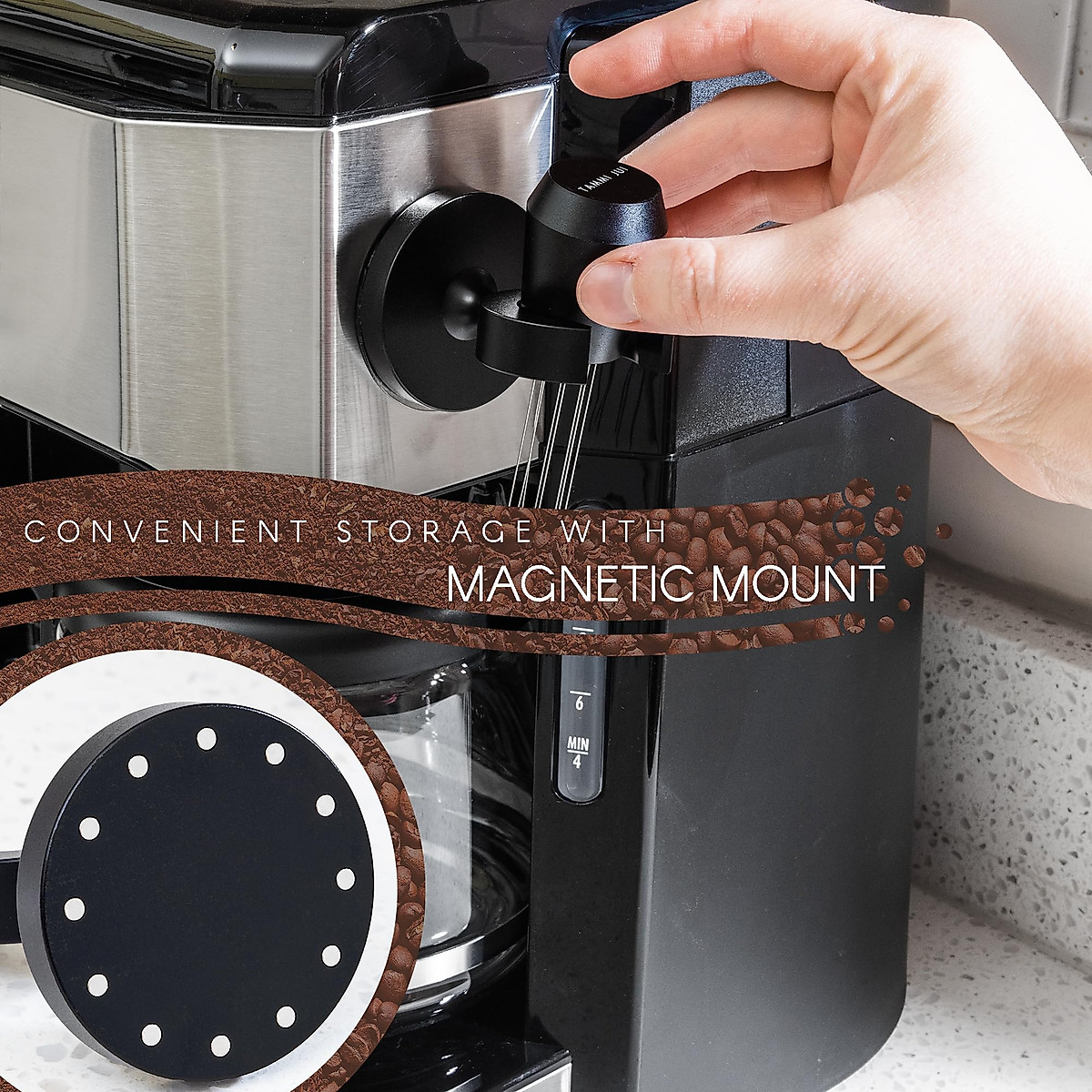 Tammi Jui WDT Tool Espresso with Magnetic Mount for easy, clutter-free storage. 8 Needle Espresso Distribution Tool in sleek aluminum. WDT Espresso Distributor comes in a Gift Ready Box.