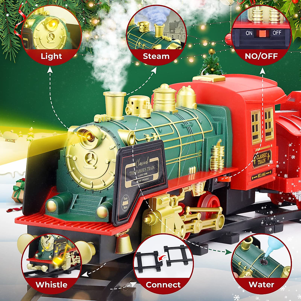 Train Set for Boys Girls, Christmas Electric Train Set with Steam, Sound & Light, Remote Control Train Toys w/Steam Locomotive Engine, Cargo Cars for Kids Boys 3 4 5 6 7 8 Year Old (M, Christmas)