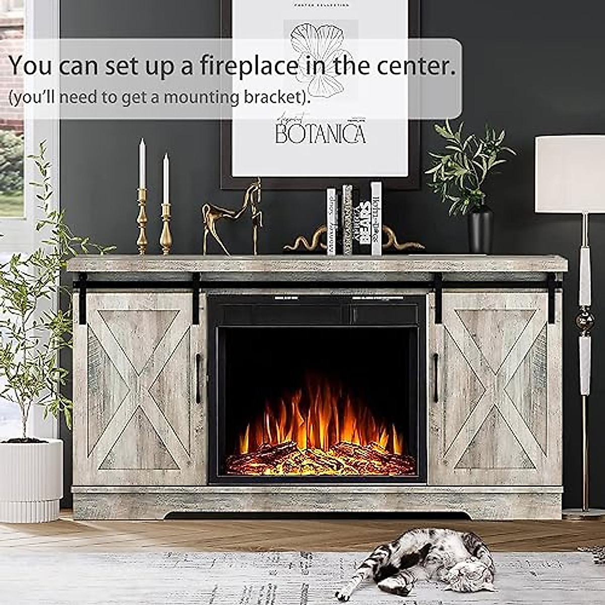 IDEALHOUSE Farmhouse TV Stand, Entertainment Center for 65 Inch TV Media Console Table, Grey Barn Door TV Stand with Storage and Shelves, Modern TV Console Cabinet Furniture for Living Room