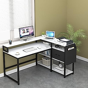 Loomie Reversible L Shaped Computer Desk with Drawer, 55"Wx41"D Industrial Corner Computer Desk with 4 Tier Storage Shelves&Monitor Stand and Storage Bag,Study Table for Home Office, White Faux Marble