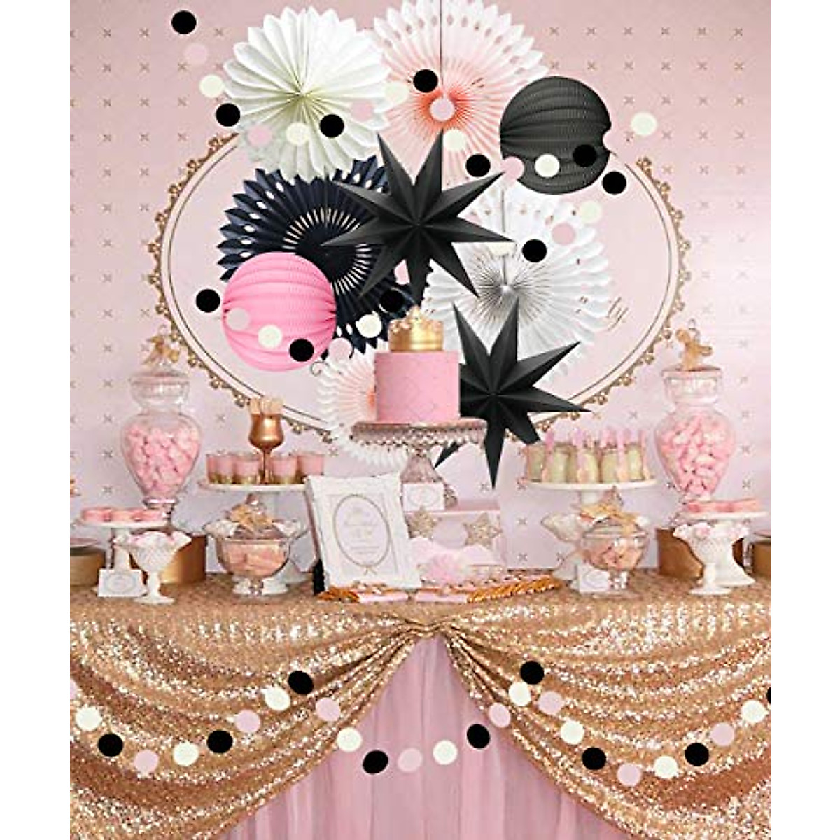 Pink Black White Party Decorations for Girls Women Minnie Mouse First Birthday Decoration Wedding Bridal Baby Shower Hanging Tissue Paper Fans Circle Garland Paper Lanterns