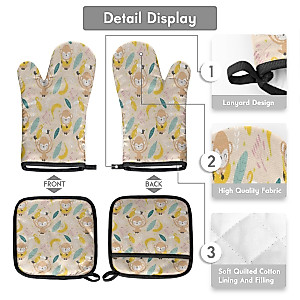 Cute Monkey Banana Oven Mitts and Pot Holders Sets of 2 Heat Resistant Non-Slip Kitchen Gloves Hot Pads with Inner Cotton Layer for Cooking BBQ Baking Grilling