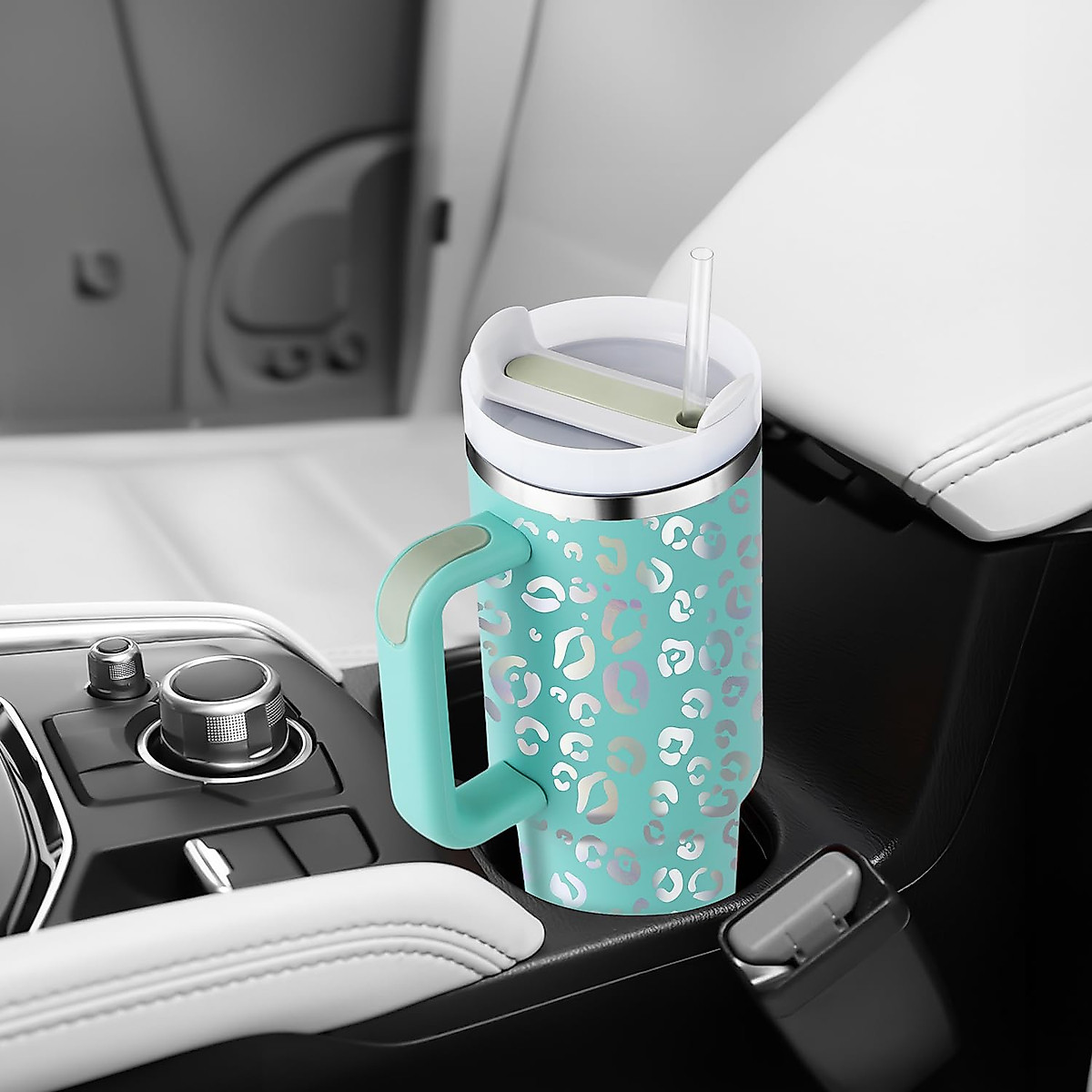Ochapa 40 oz Tumbler with Handle Leopard Straw Lid Insulated Stainless Steel Vacuum Reusable Cup Holder Friendly Keep Drinks Cold Gifts for Women Lover Car Gym Travel, Cheetah Green