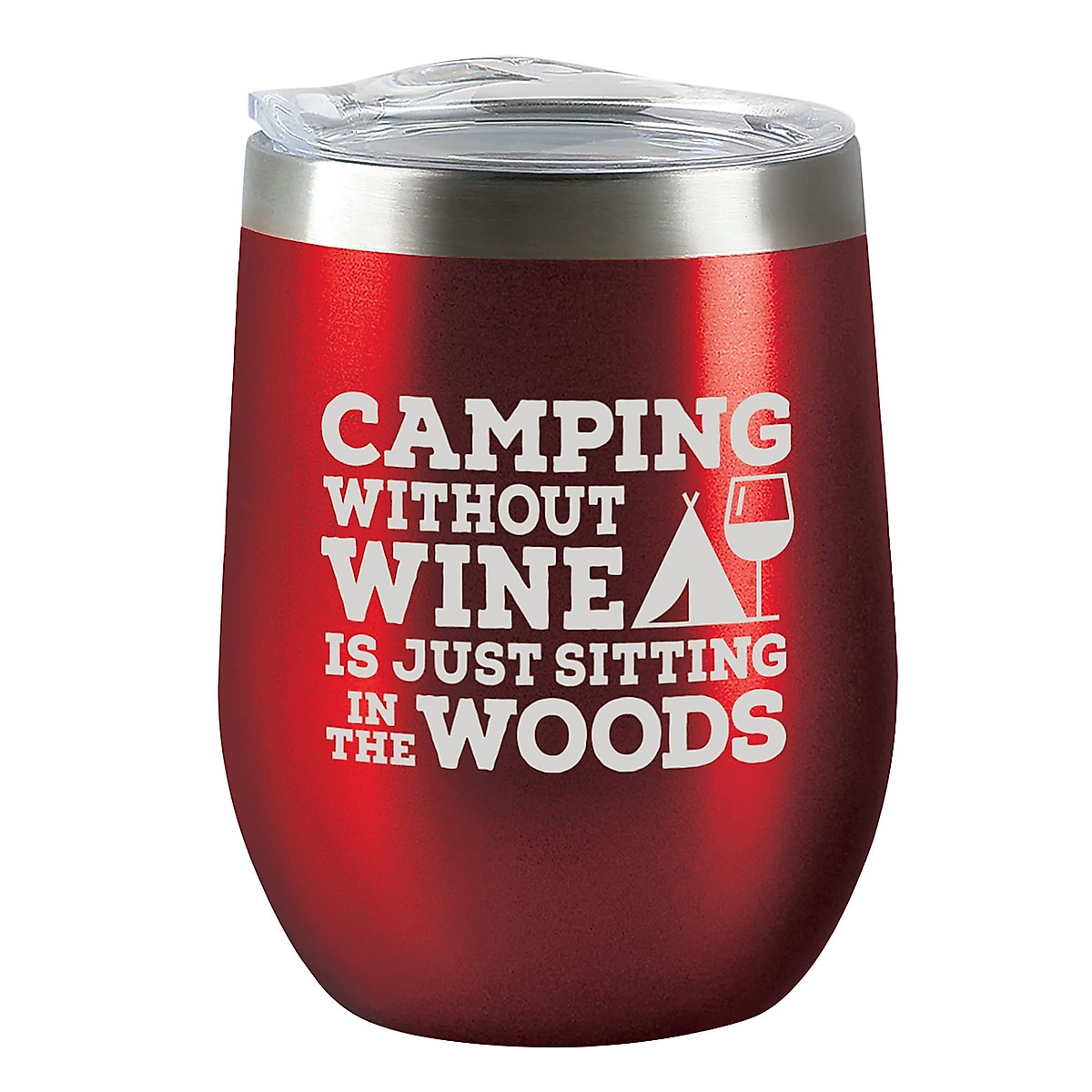 Chris's Stuff 12 oz Wine Tumbler - Iced Coffee Mug with Splash-Proof Lid Stainless Steel Double Wall Vacuum Insulated with Inner Layer Copper Keep Drinks Cold/Hot - Quote: Camping (Red)