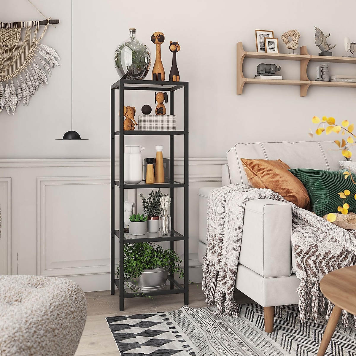 YMYNY Standing Storage Shelf Units, 5-Tier Tempered Glass Shelving Unit, Bookcase, Storage Rack Shelf for Bedroom, Bathroom, Home Office, Modern Style, 49.2H*13.8L*11.8W, Black UHGD005B