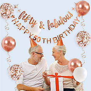 Rose Gold Fifty & Fabulous Happy 50th Birthday Banner Garland Foil Balloon 50 for Womens 50th Birthday Decorations Hanging 50 and Fabulous Cheers to 50 Years Old Birthday Party Supplies Backdrop