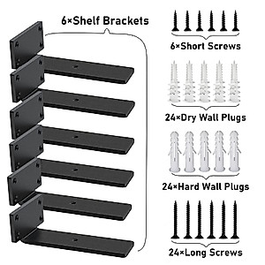 Heavy Duty Floating Shelf Brackets - 1/5 Inch Thick Industrial Black Metal L Brackets, Premium Solid Steel Shelf Supports for Shelves - 5 Inch Heavy Floating Shelves Hardware (6Pcs)