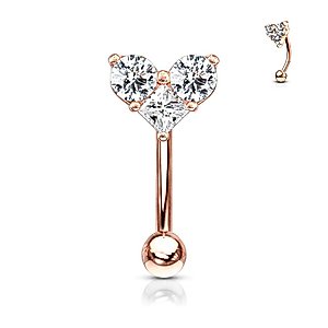 Amelia Fashion 16 Gauge Three Prong Set Round and Square CZ Heart Curved Barbell/Eyebrow Ring 316L Surgical Stainelss Steel (Choose Color) (Rose Gold/Clear)