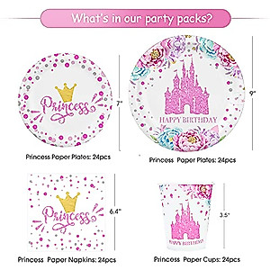 NAIWOXI Princess Birthday Party Supplies - Princess Party Decorations Tableware Set Include Plates, Napkins, Cups, Cutlery, Tablecloth, Straws, for Girls Princess Baby Shower Decorations | Serve 24