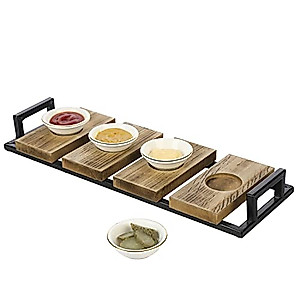 MyGift Black Metal and Burnt Wood Condiment Tray with Handles, White Ceramic Dipping Sauce Bowls for Dip or Appetizers Serving Tray