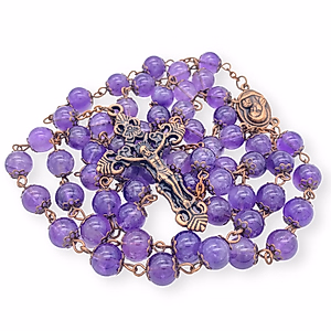 Nazareth Store Vintage Design Rosary Necklace Purple Amethyst Stone Beads 8mm Holy Soil Medal & Cross Crucifix Religious Rosaries Terra Santa Jerusalem Collection
