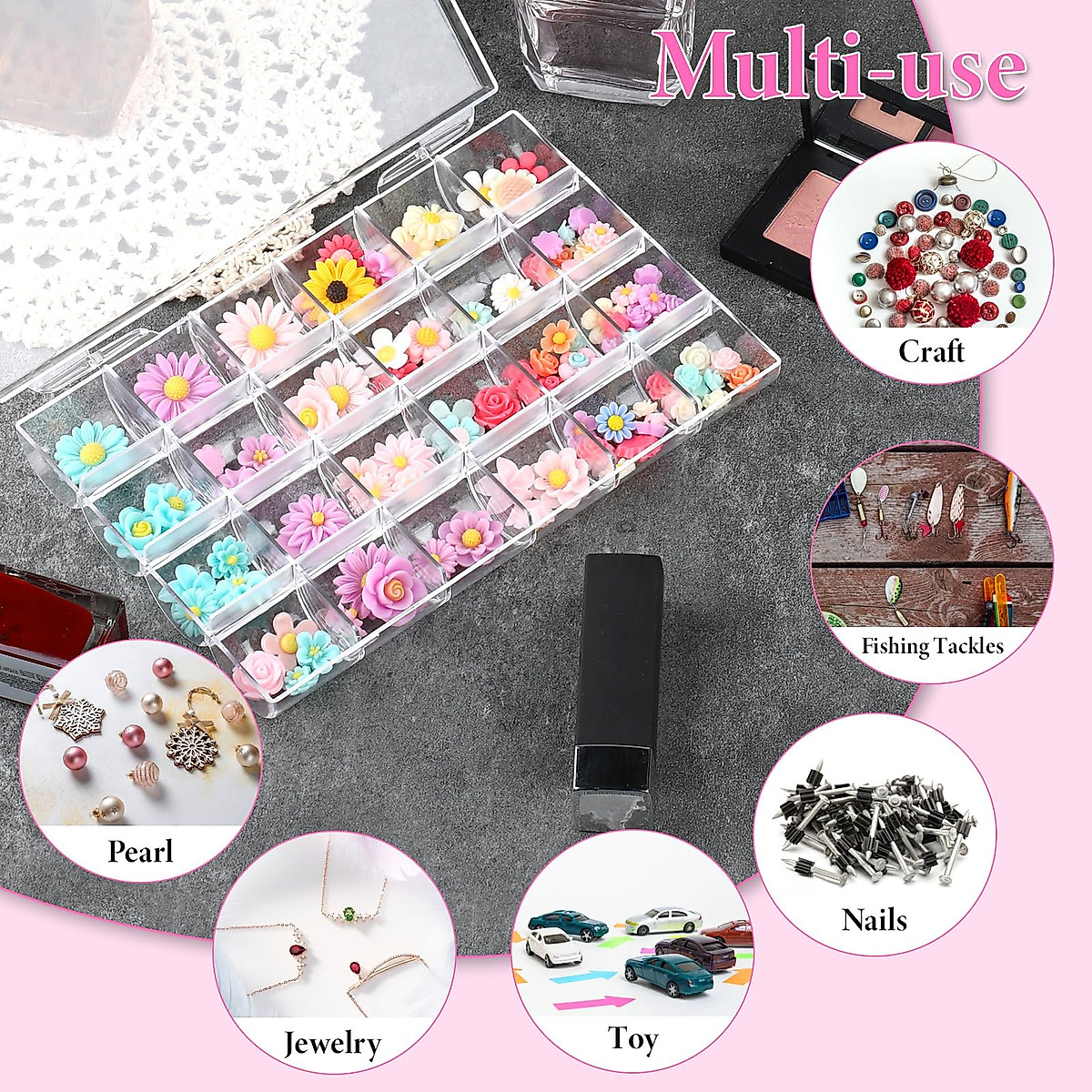 Hariendny 24 Grids Clear Plastic Nail Charm Organizer Box Transparent Nail Charm Organizer Empty Craft Organizers Display Case Compartment Container for Bead Rings Earrings Jewelry DIY Crafts
