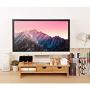 Monitor Stand Riser Desk Organizer-Bamboo 2 Tier Laptop Stand with Drawers, Adjustable Desktop Storage Organizer for Computer, Printer, Cellphone-Use in Office,Home/Reduce Neck &Eye Strain(Fawn)