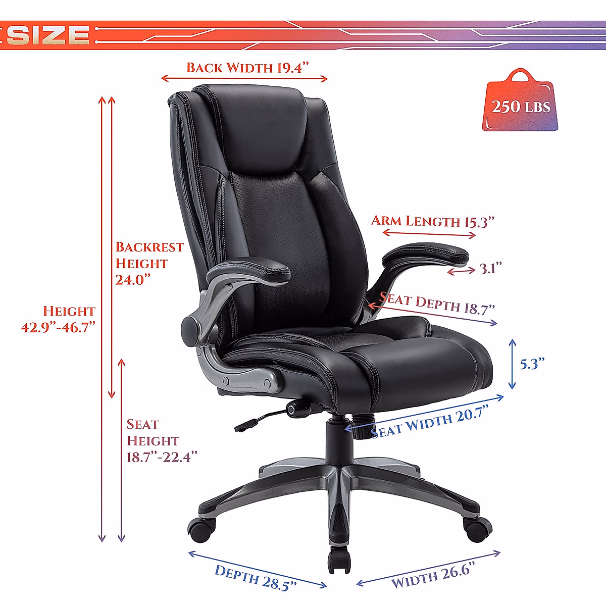 COLAMY High Back Office Chair with Flip-up Arms, Executive Computer Desk Chair Bonded Leather Adjustable Built-in Lumbar Support for School Home and Office