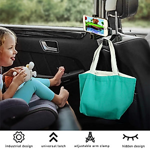 Kewucn Car Seat Headrest Hook with Phone Holder, 2 Pack 360° Rotation Auto Back Seat Hook for Purses and Bags, Universal Vehicle Seat Hook Hanger Storage Organizer for Cloth Toys (Silver)