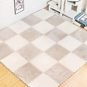 Thickened Plush Foam Interlocking Floor Mat Square Carpet Tiles,12x12x0.4in Soft Fluffy Puzzle Floor Tiles Mat Anti-Slip Play Area Rug- with Edgings(Size:16pcs,Color:White + Light Gray)