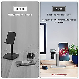 Adjustable Stand for MagSafe Charger/Apple Watch, Aluminum Phone Holder for iPhone 14 Plus 13 12 Pro/Pro Max/Mini and Apple Watch Series SE Ultra (Charger Not Included) (Silver)