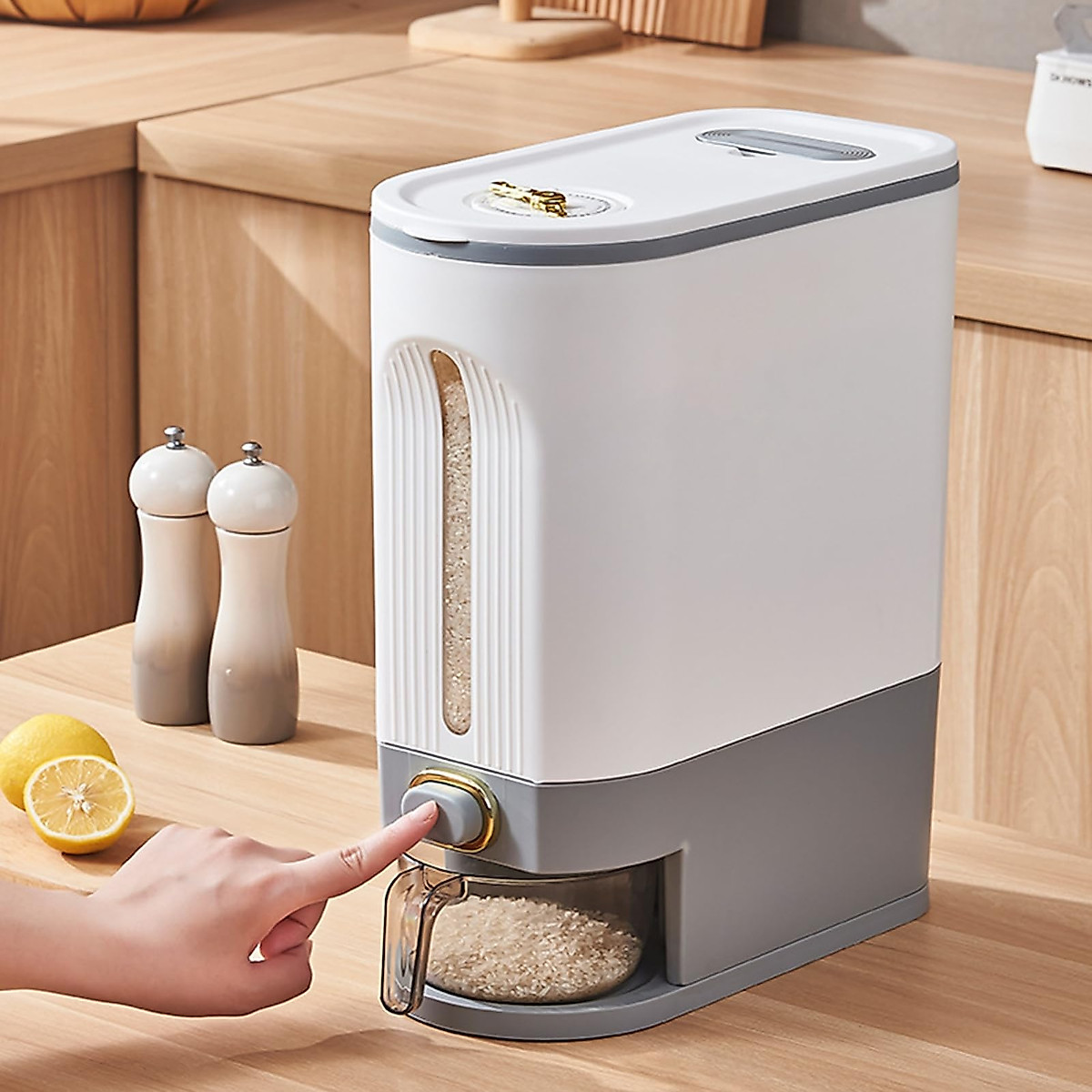 Airtight Rice Dispenser Large Capacity with Measuring Cup Clear Visible Food Storage Container for Flour Beans Cereal Grains Kitchen Grey S