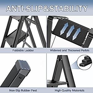 3 Step Ladder Folding Ladder Stool Portable Step Ladder Lightweight Aluminum Wide Anti Slip Pedal Multifunctional Household Adults Stepladder Black 330lb
