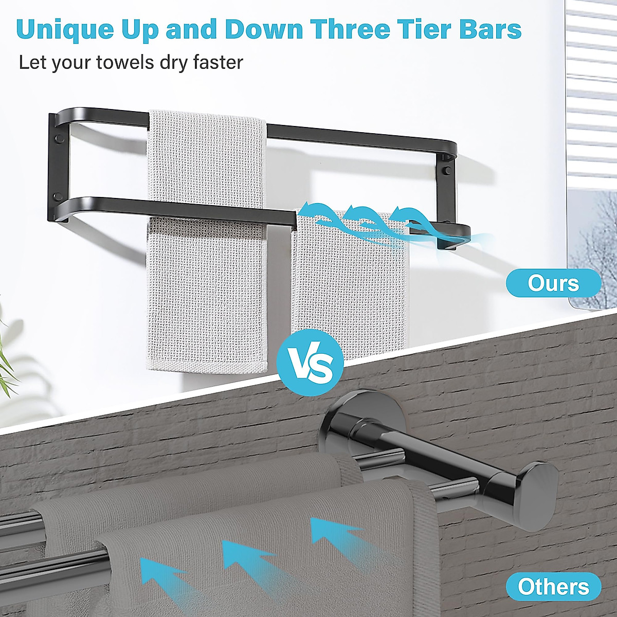 Mooche Double Bath Towel Bars Towel Racks for Bathroom,Wall Mount Towel Holder Heavy Duty 24-Inch Towel Hanger Rail Wall Mount, SUS304 Stainless Steel Matte Black