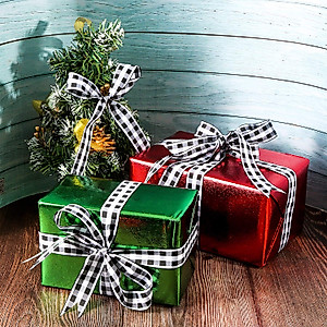 50 Yards Gingham Ribbon Wide Ribbon Taffeta Plaid Ribbon for DIY Craft Party Gift Christmas Supplies (3/8" Wide, Black White)