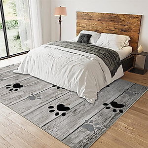 JELAIXO Cartoon 3'x2' Rug - Dog Paw Prints Nursery Rug, Wooden Board Durable Foldable Large Area Rugs for Kids Boys and Girls Room