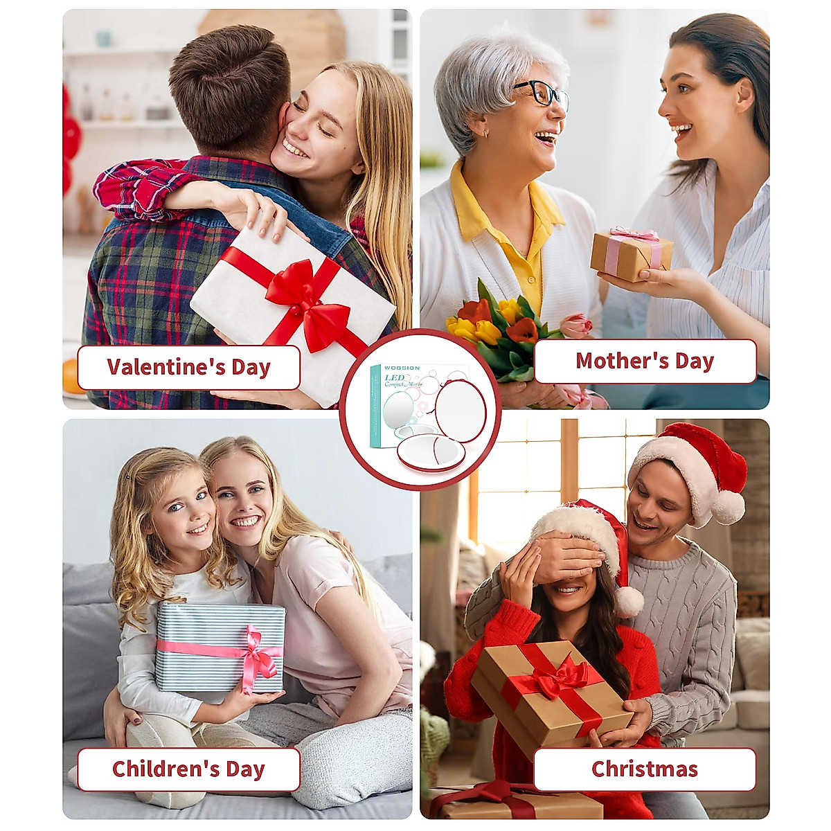 wobsion Travel Compact Mirror,Portable 1x/10x LED Makeup Mirror with Magnification,Handheld 2-Sided Pocket Mirror, 3.5in Small Mirror for Purse,Handbag,Gift,Wine Red