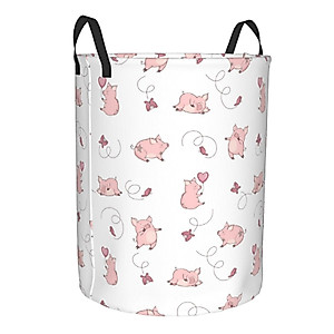 Large Laundry Basket with Handles - Butterfly Cute Pig Pink Baby Kids Dirty Clothes Laundry Hamper