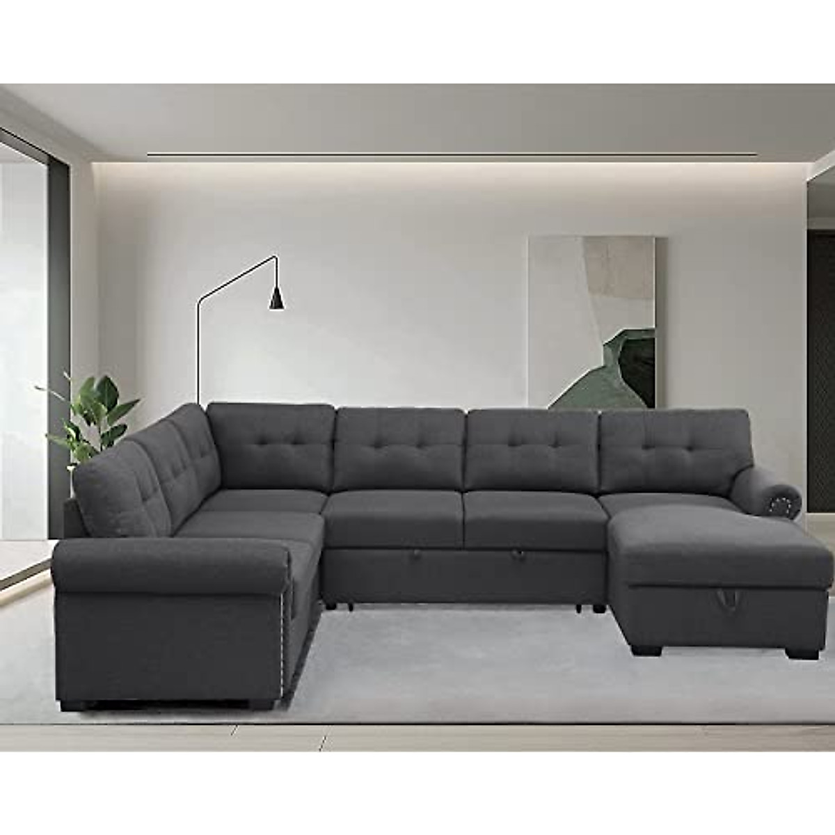 Springfavor 6 Seat Pull Out Couch Sectional Couches for Living Room with Storage Chaise Lounge, U-Shaped Modern Sofas & Couches with Nail for Department/Home/Office