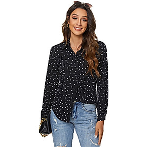 Atnlewhi Women Basic Long Sleeve Button Down Shirts Simple Pullover, Polka Dot/Black, L