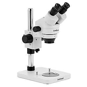 AmScope SM-1BSX-64S Professional Binocular Stereo Zoom Microscope, WH10x Eyepieces, 3.5X-45X Magnification, 0.7X-4.5X Zoom Objective, 64-Bulb LED Ring Light, Pillar Stand, Includes 0.5x Barlow Lens