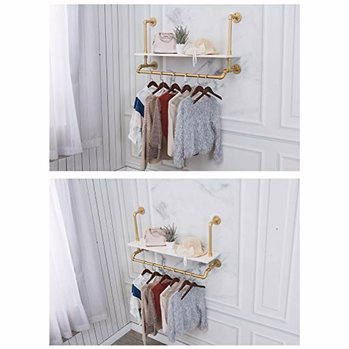 Tianman 40",Gold,White,Industrial Detachable Wall-Mounted Black Iron Wooden Garment Bar,Heavy Duty Pipe Clothing Rack,Pipe Clothes Rack, Multi-Purpose Hanging Rod for Closet Storage