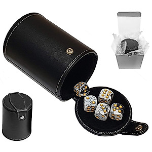 Set of Dice Cup with Storage Compartment Black PU Leather Black Felt Lined + (5) 16mm Pearlized Dual-Color Rounded Corners Dice (Gift Boxed) (White/Black, Gold Pips)