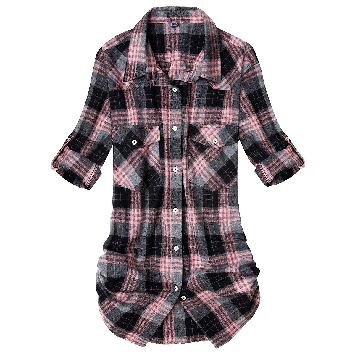 Alimens & Gentle Womens Plaid Flannel Shirts Long Sleeve Roll Up Casual Button Down Shirt Pink Grey