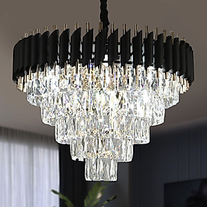 AXILIXI Crystal Chandelier Contemporary, 24" Modern Living Room Chandelier, K9 Crystal Ceiling Lights Fixtures, Round 5 Tiers Pendant Lighting Chandelier Black for Entryway Dining Room Staircase
