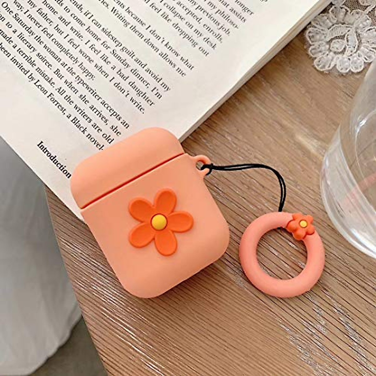 Compatible with AirPods Case Flower, Soft Silicone Shockproof Cartoon 3D Flower Pattern Cover Girls Women Funny Kawaii Cute Case for AirPods 1/2 Generation - Orange