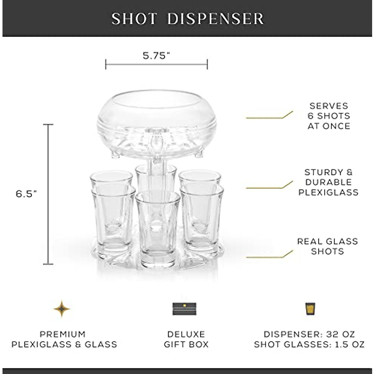 JoyJolt 6 Shot Glass Dispenser and Glass Shot Glasses Set. 32oz Liquor Dispenser for Home Bar Accessories, Party Supplies, Halloween Shots Drink Dispenser for Parties, Fancy Alcohol Dispenser.