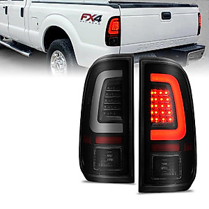 AmeriLite for 2008-2016 Ford F250 F350 F450 SD Pickup Truck Dark Black C-Type LED Tube Replacement Tail Lights w/Reverse Bulb - Passenger and Driver Side