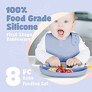 Juvitek Baby Silicone Set, Baby Feeding Set, Toddler Plates and Bowls Set with Baby Spoon, Fork, Mat and Cup, Comes with Anti-Slip Suction Base and Adjustable Bib, 3 Months and Up, Blue, Set of 8