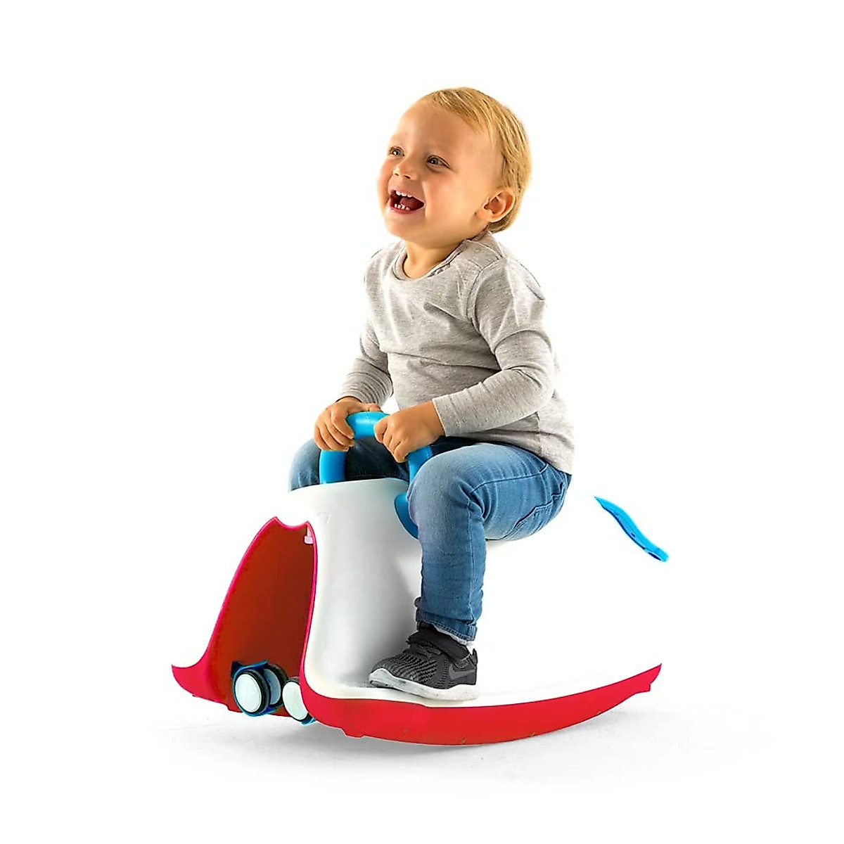 Chillafish Trackie 4-in-1; Rocker, Walker, Ride-on & Play Train, for Kids 1-5 Year, with Adjustable seat Height, Silent Non-Marking 360° Swivel Wheels, Blue and Red, Large