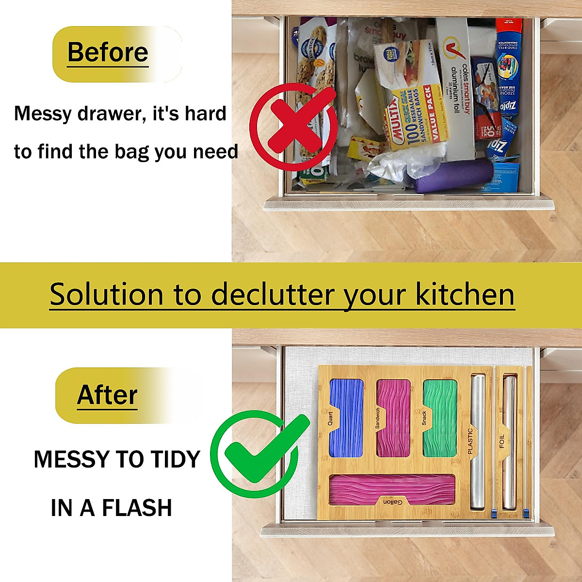 HILELIFE Bamboo Ziplock Bag Organizer for Drawer, Foil and Plastic Wrap Organizer, 6 In 1 Plastic Bag Organizer for Drawer, Baggie Organizer for Drawer