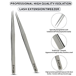 My Hair Tools Pro 1pc Straight Isolation Lash Tweezers for Individual Lashes Stainless Steel Eyelash Extension Tweezers Precision Pointed Tip Classic Lash Extensions Tweezer, Silver Finish, 14cm