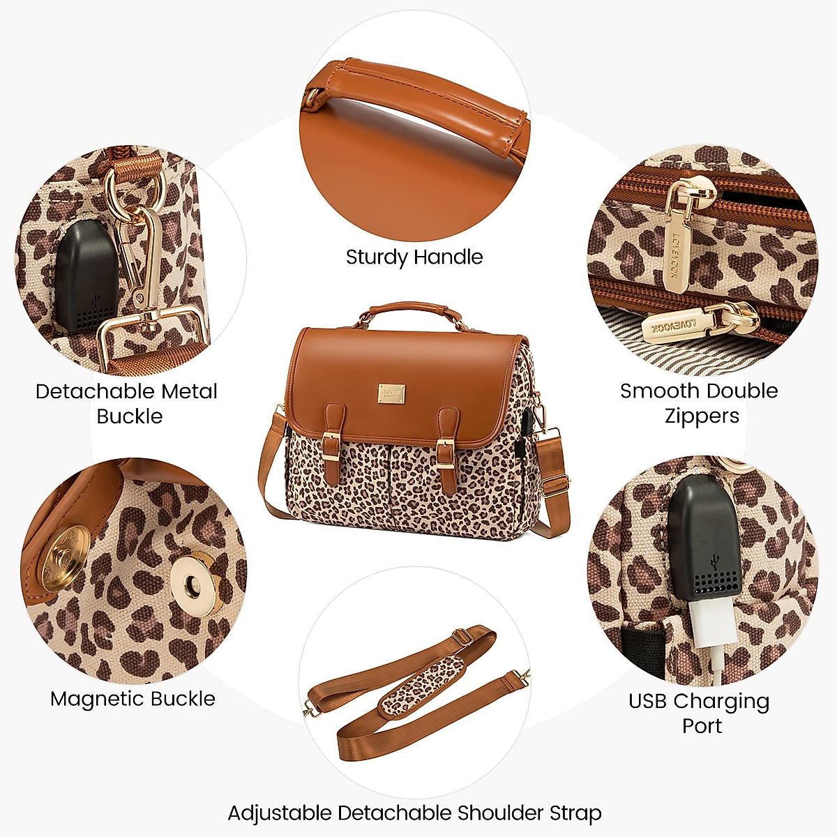 LOVEVOOK Laptop Bag for Women, Large Capacity Computer Bags Cute Shoulder Messenger Bag, Business Work Bags Tote Briefcase Purse Laptop Sleeve Case, 15.6inch, Leopard Print-Brown Pro