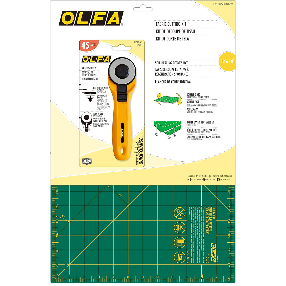 OLFA Fabric Cutting Kit (RTY-2CYEL/ST-01) - 12" x 18" Self Healing Rotary Cutting Mat (ST-01) and 45mm Yellow Quick-Change Rotary Cutter (RTY-2/CYEL)