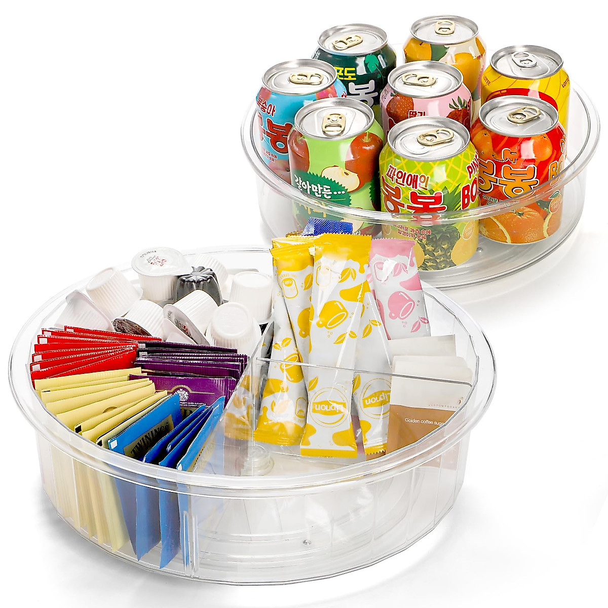 TOPZEA 2 Pack Divided Lazy Susan Turntable, 12 Inch Divided Spinning Storage Container Kitchen Organizer for Cabinets, Pantry, Countertops, Fridge, Bathroom, 4 Compartments, Clear