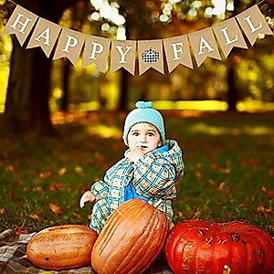 Happy Fall Banner Buffalo Check Plaid Jute Burlap Pumpkin Thanksgiving Farmhouse Mantle Fireplace Garland Decoration