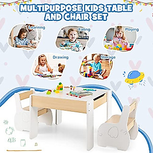 Costzon Kids Table and Chair Set, 4 in 1 Wooden Activity Table & 2 Chairs for Arts, Crafts, Drawing, Reading, 3 PCS Toddler Furniture with Storage, Detachable Blackboard, Gift for Boys Girls (White)