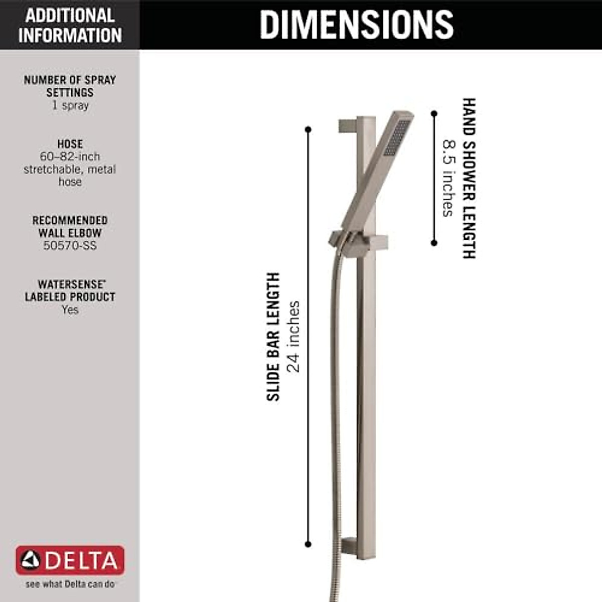 Delta Faucet Vero Single-Spray Slide Bar Hand Held Shower with Hose, Brushed Nickel Handheld Shower Head, Slide Bar Hand Shower, Handheld Shower, Detachable Shower Head, Stainless 57530-SS