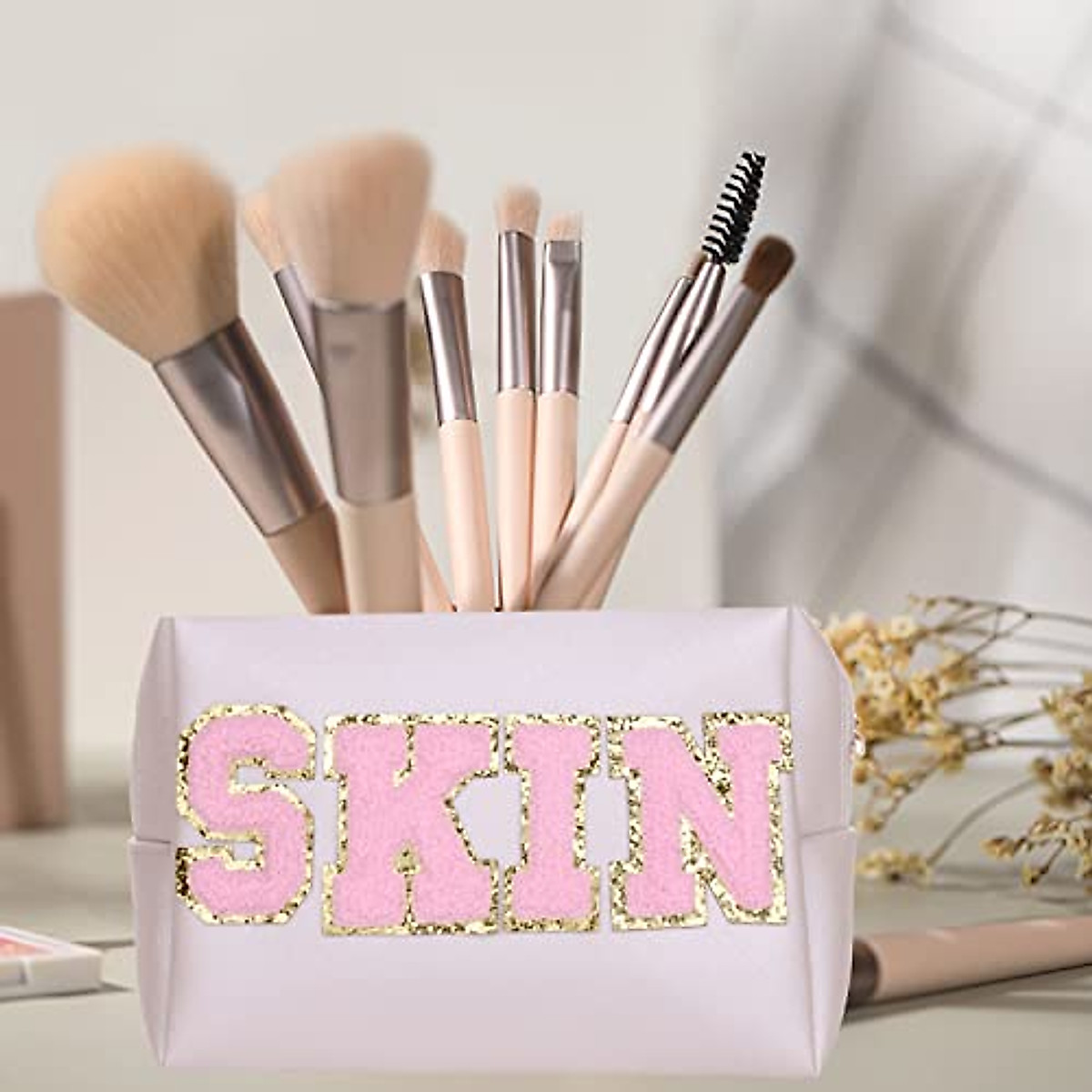 CRUOXIBB Preppy Patch Cosmetic Toiletry Bag for Women SKIN Letters PU Leather Portable Makeup Bag Zipper Pouch Storage Purse Waterproof Organizer for Travel (Shell Gold)