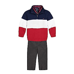 Tommy Hilfiger Boys' 3-Piece Sweater Set, Matching Button-Down Shirt, Sweater & Pants, Flag Blue Block, 24 Months